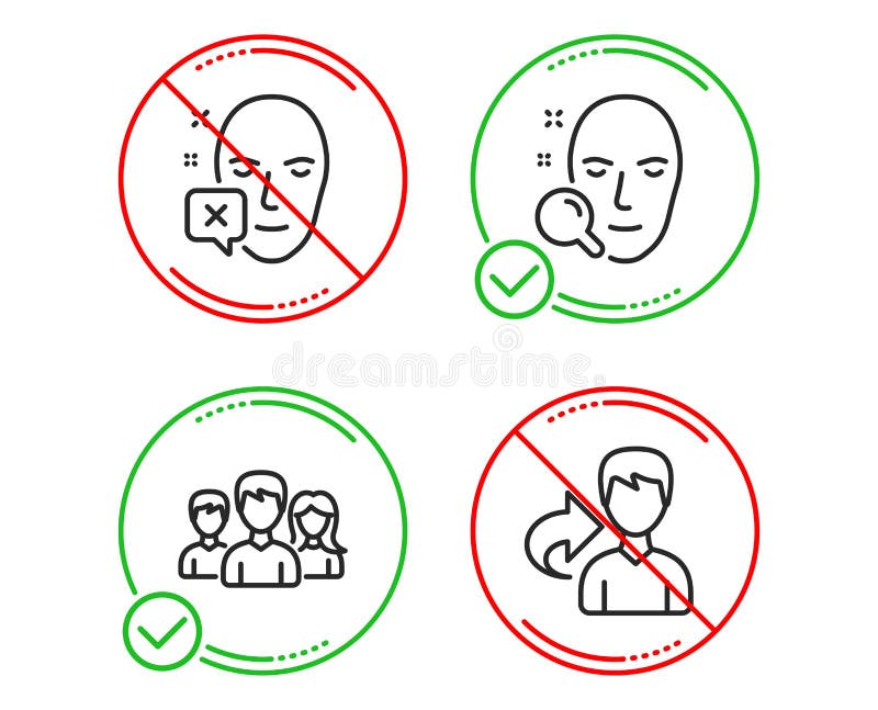 Teamwork, Face Search and Face Declined Icons Set. Share Sign. Group of ...