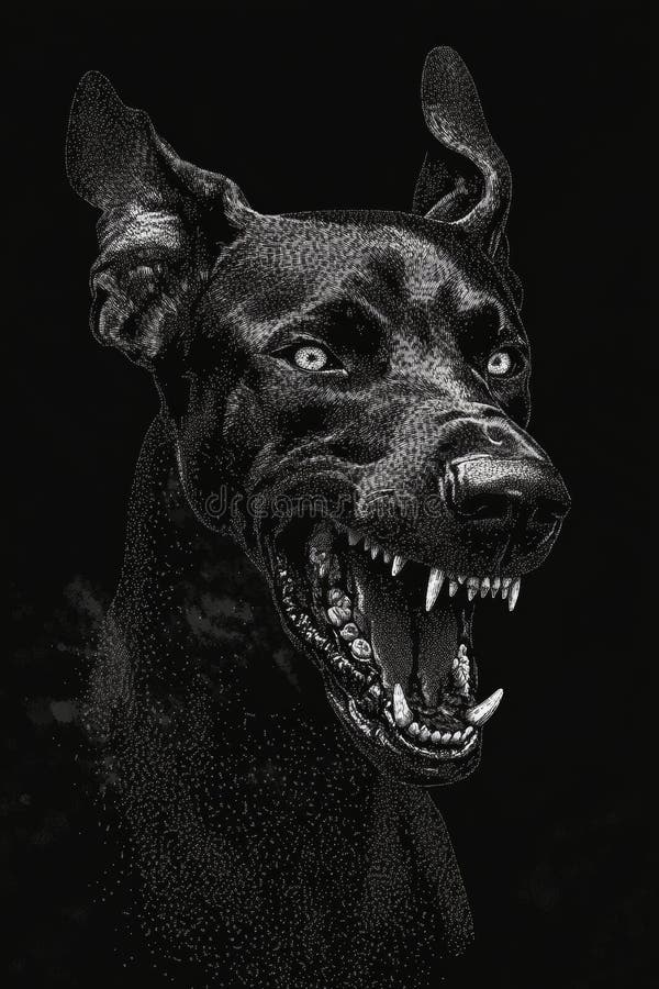 A Doberman Emerges from Dark Shadows, Barking Aggressively with Teeth ...