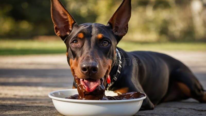 A Doberman Enjoying a Bowl of Food Outdoors Stock Illustration ...
