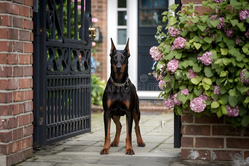 Doberman Guarding a Front Gate with an Alert Posture Stock Illustration ...