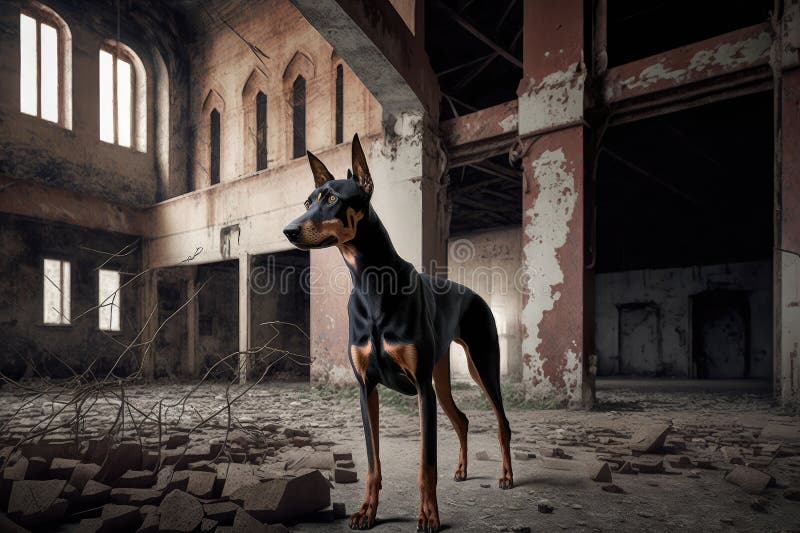Doberman Pinscher Exploring Abandoned Building With Its Nose To The Ground Stock Illustration