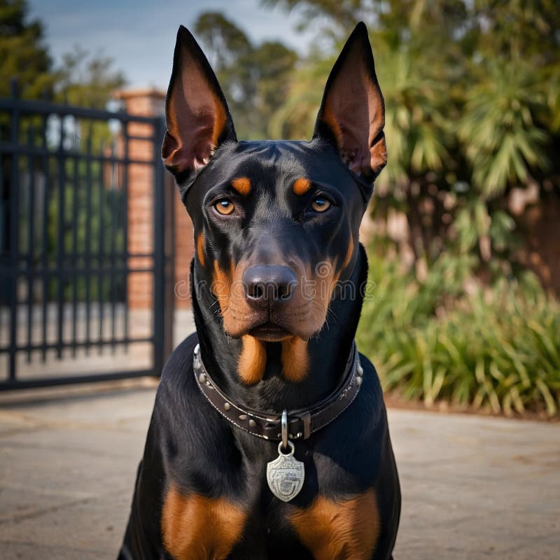 Dobermann Guarding Property with Confident Stance at Front Gate Stock ...