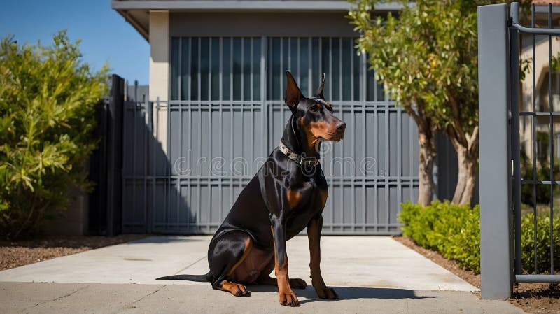 Protective Dobermann Standing Guard at Front Gate with Strong and ...