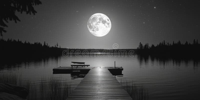 A Dock with a Boat Moored Alongside, with a Full Moon Shining Brightly ...