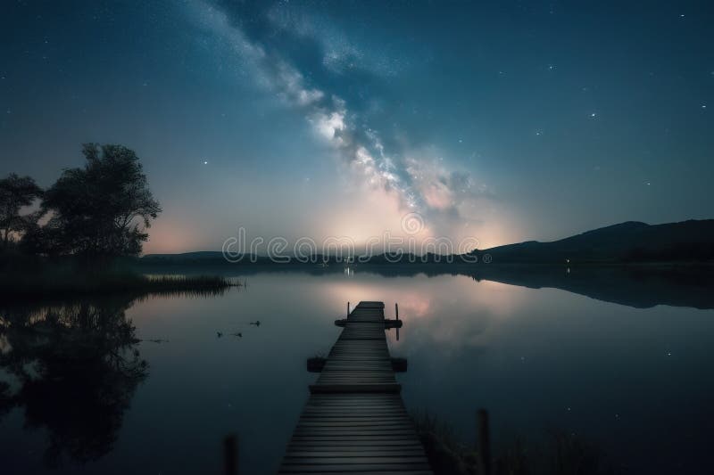 A Dock on a Body of Water Under a Night Sky Stock Illustration ...