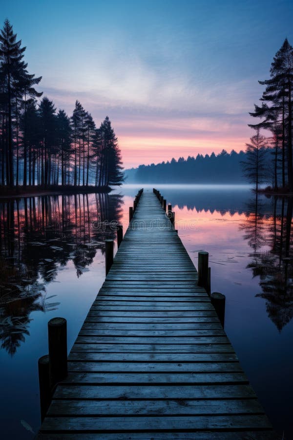 A Dock on a Lake with Trees in the Background Stock Illustration ...