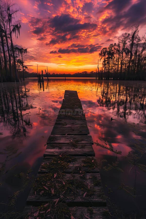 A Dock Leads into a Lake at Sunset Stock Photo - Image of afterglow ...
