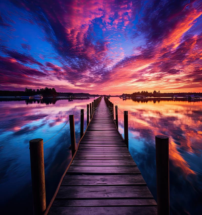 A Dock on the Water during a Colorful Sunset Stock Illustration ...