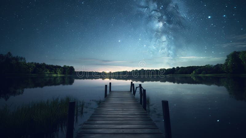 A Dock in the Middle of a Lake Under a Night Sky Filled with Stars Stock Illustration ...
