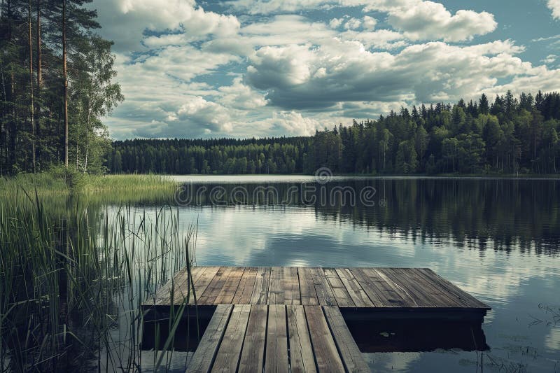 Dock Overlooking Lake and Forest Stock Photo - Image of platform ...