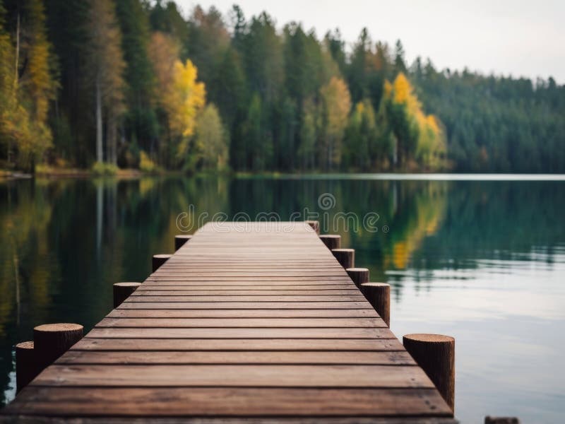 A Dock Sitting on Top of a Lake Next To a Forest. Stock Photo - Image ...