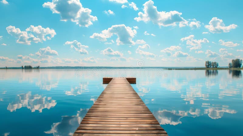 A Dock Stretches into a Serene Lake Under a Cloudy Blue Sky, Creating a ...
