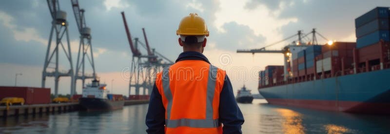 Dock Worker Admiring a Container Ship Loading at Sunset in a Commercial ...