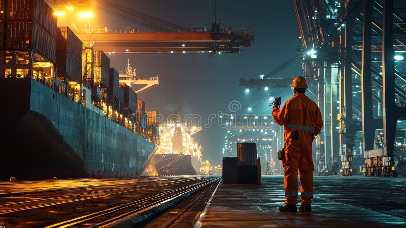 Dock Worker in Orange Suit with Walkies-talkie Looking at the Cargo ...