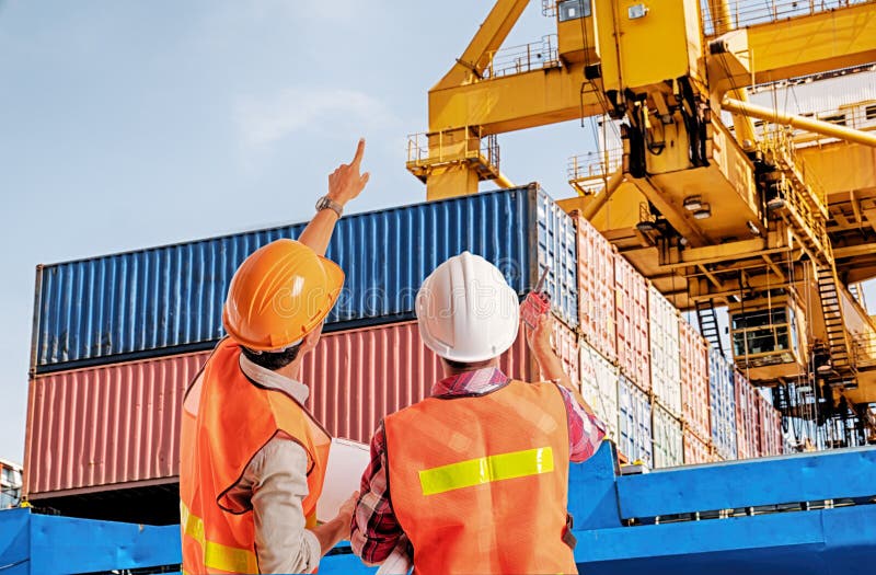Dock Worker Pointing Finger on Control of Container Stock Photo - Image ...