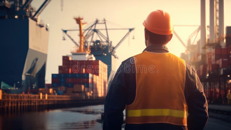 Dock Worker Standing at the Harbor Amidst Shipping Industry Activity ...