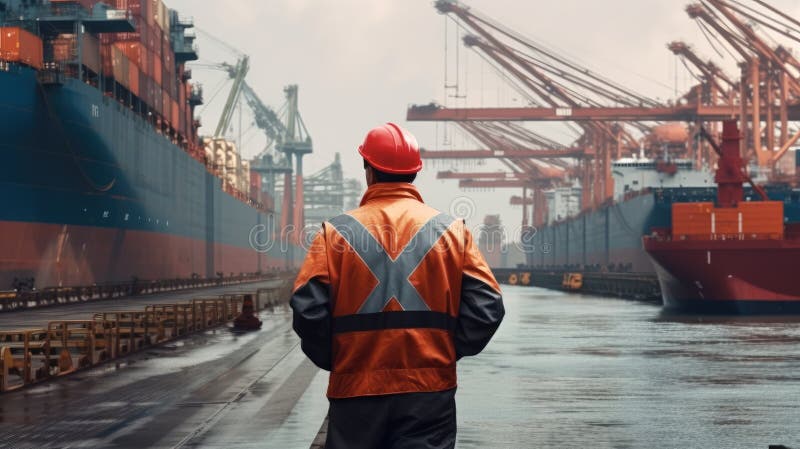 Dock Worker Standing at the Harbor Amidst Shipping Industry Activity ...