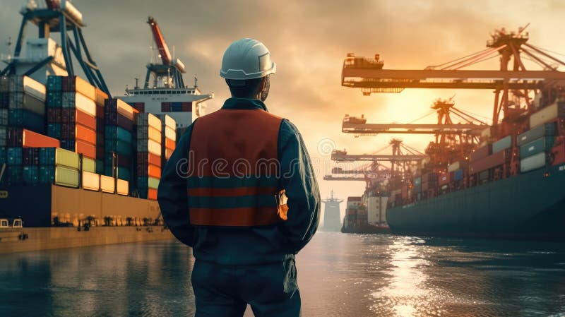Dock Worker Standing at the Harbor Amidst Shipping Industry Activity ...