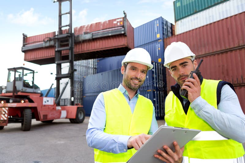 Dock Worker and Supervisor Checking Containers Data Stock Image - Image ...