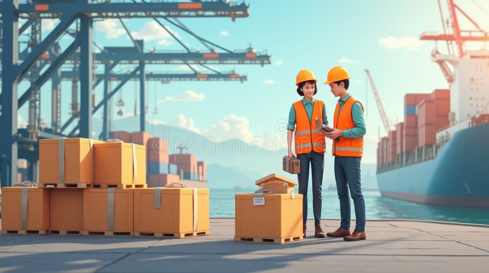 Dock Workers Checking Goods in a Commercial Harbor with Cargo Ship ...
