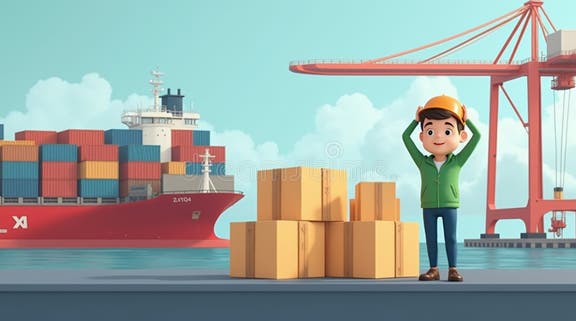 Dock Workers Checking Goods in a Commercial Harbor with Cargo Ship ...