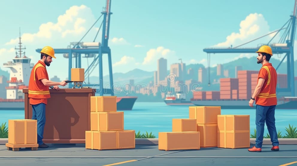 Dock Workers Checking Goods in a Commercial Harbor with Cargo Ship ...