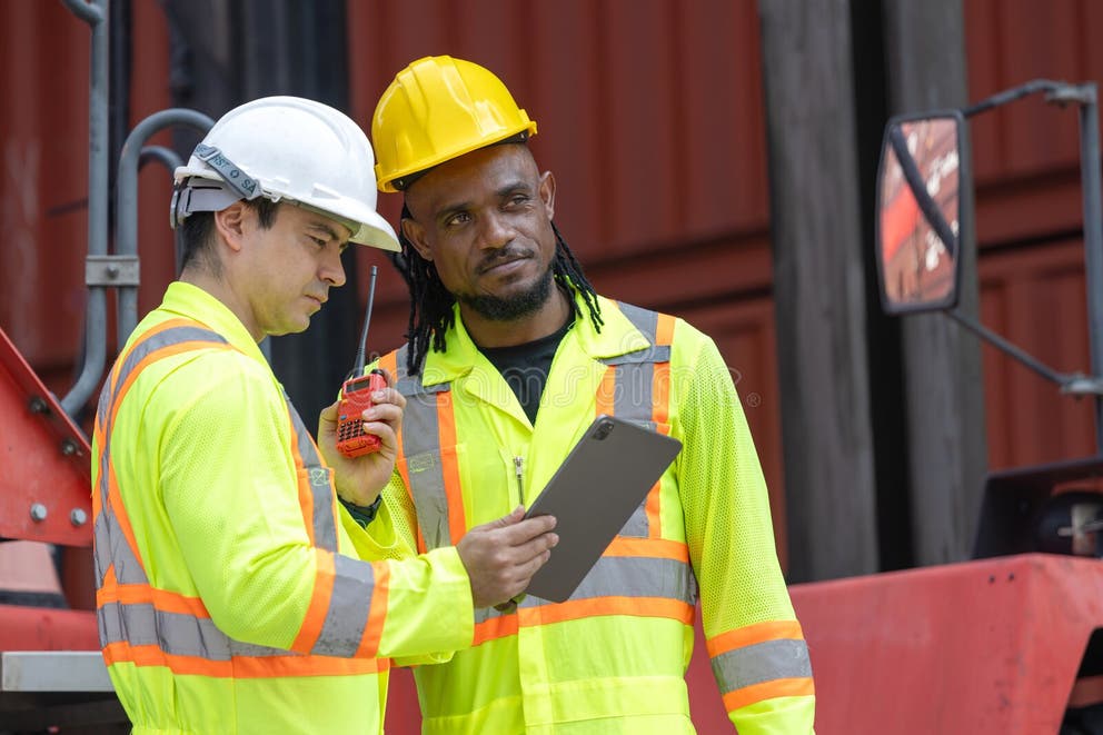 Dock Workers Man Inspecting Containers Box at Shipping Container Cargo ...