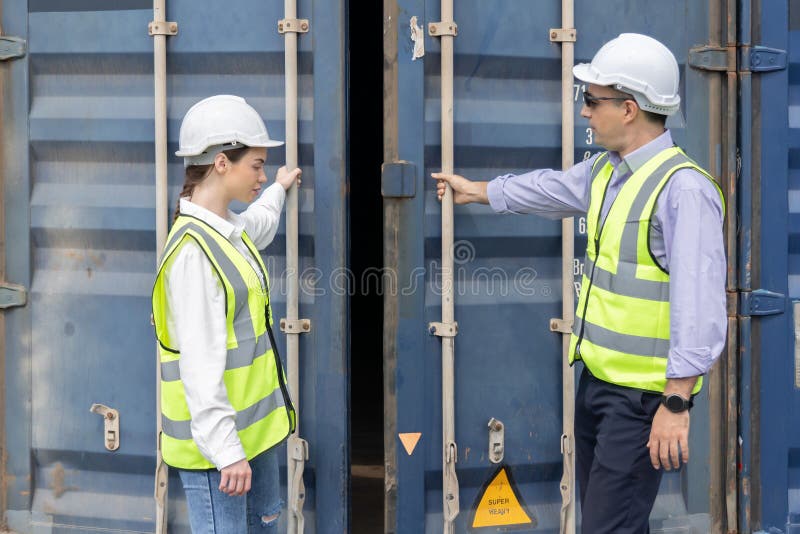 Dock Workers Open Containers Box To Check the Goods Stock Image - Image ...