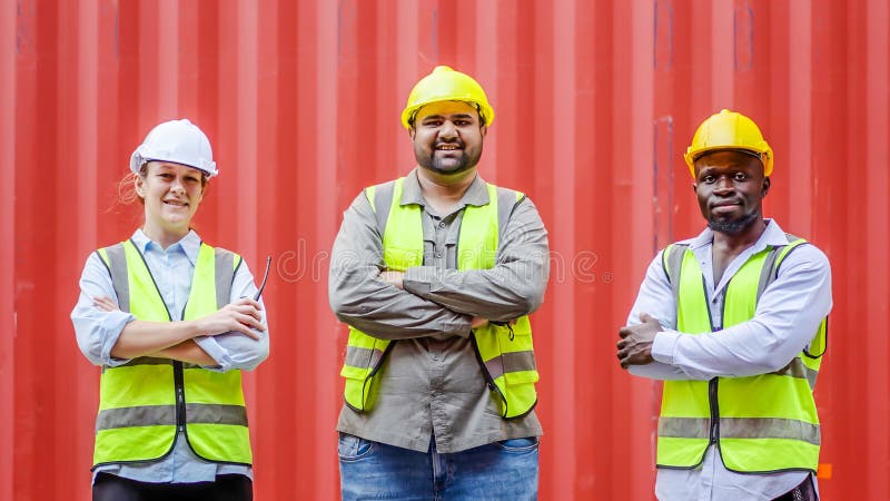 Dock Workers Standing in Front of a Red Container in a Logistics ...