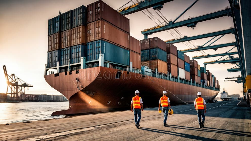 Dock Workers Walking in a Row at a Cargo Port with a Container Ship ...