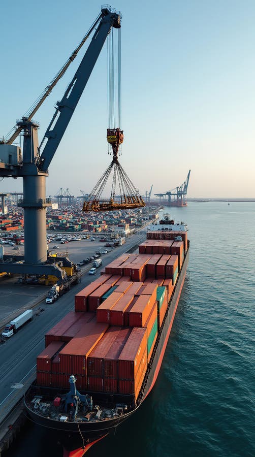 Dockside Crane Loading Containers at Busy Harbor Stock Illustration ...