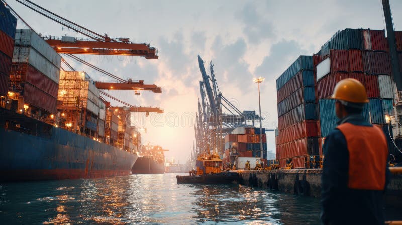 Dockworker on Elevated Platform Overlooking Harbor at Sunset Amidst ...