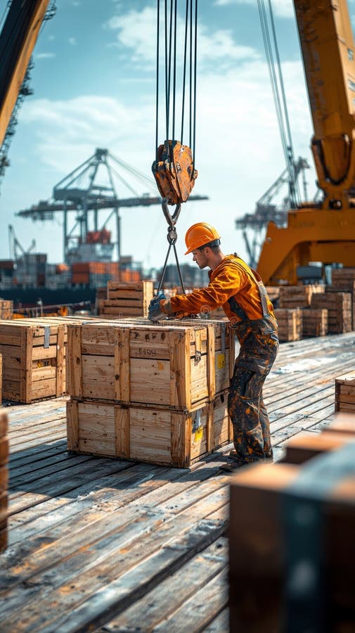 Dockworker Loading Crates Onto a Ship with Crane in Natural Daylight ...