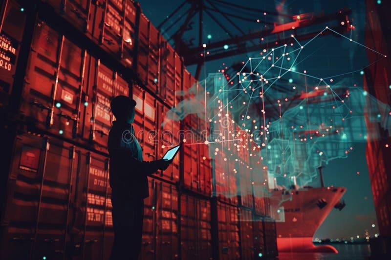 Dockworker Silhouette with Tablet, Red Shipping Containers, Network ...
