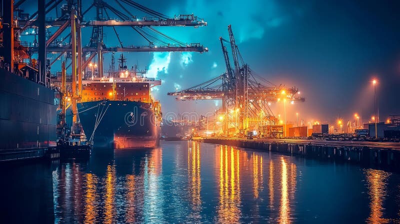 Dockyard at Night, with Subtle Lighting from Ships and Cranes. Stock ...