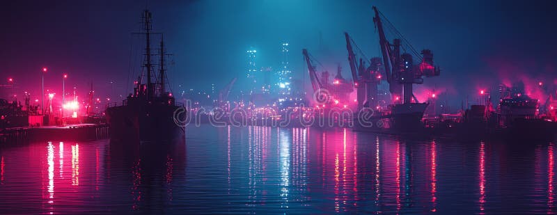 Dockyard at Night, with Subtle Lighting from Ships and Cranes. Stock ...