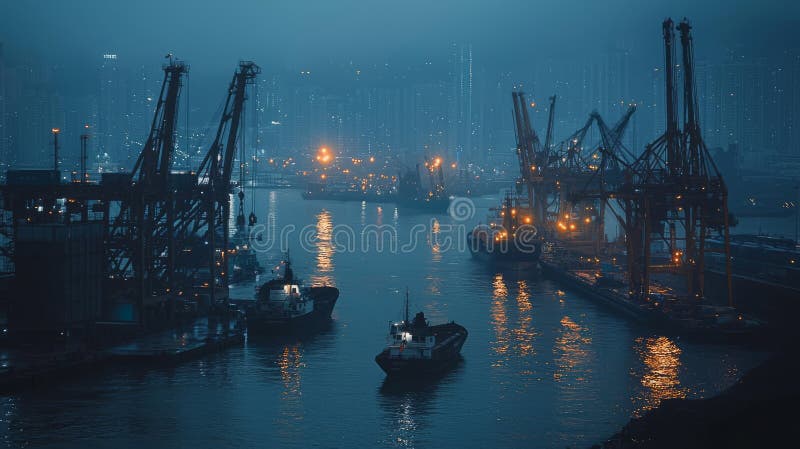 Dockyard at Night, with Subtle Lighting from Ships and Cranes. Stock ...