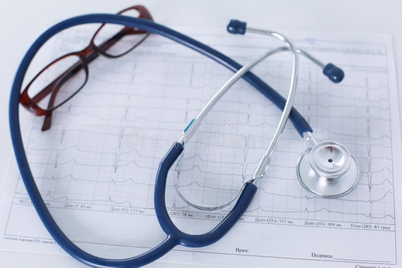 Docter Workplace with a Stethoscope Cardiogram Chart with Medical Table ...