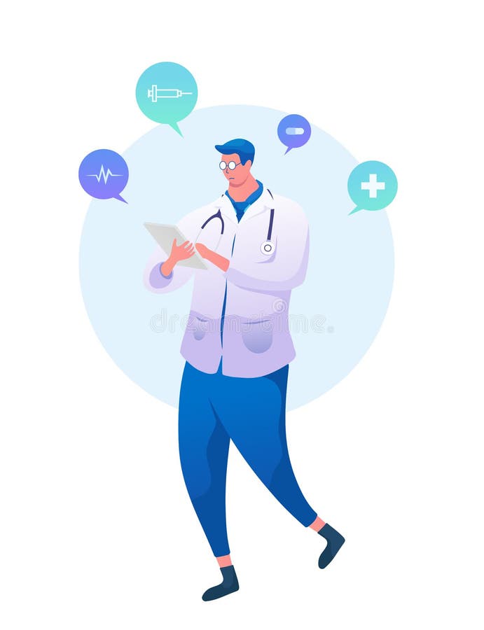 Doctor is Reading Book at Desk in Office Vector Illustration. Stock ...