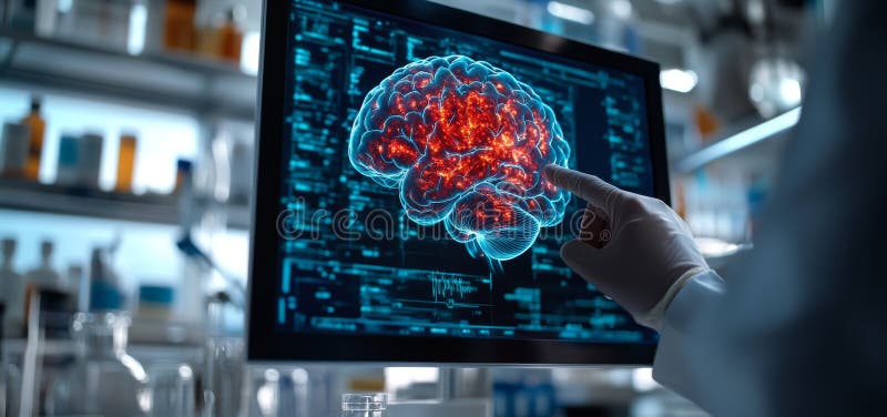A Doctor Analyzes a Digital Brain Scan Displayed on a Screen, Using ...