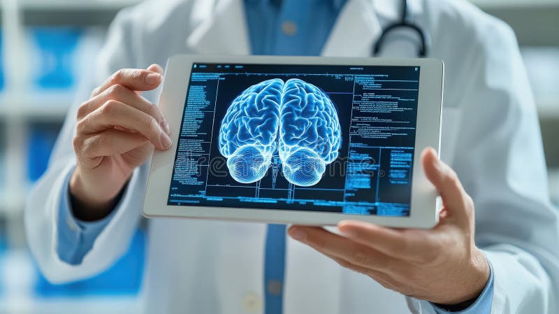 Doctor Analyzing Brain Scan on Digital Tablet in Lab Stock Photo ...