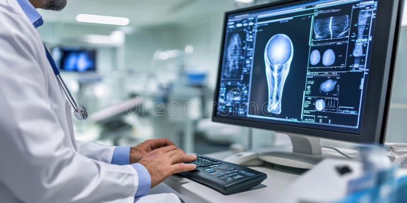 Doctor Analyzing Brain Scan Images on Computer in Medical Facility ...