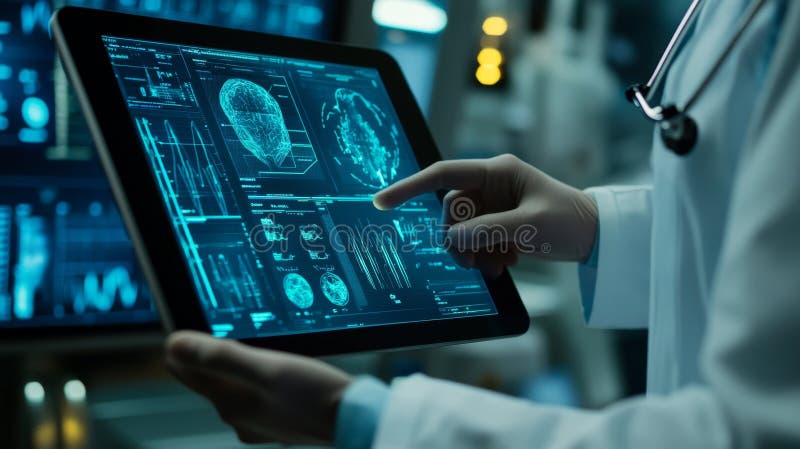 Doctor Analyzing Brain Scan on Tablet in Modern Medical Facility Stock ...