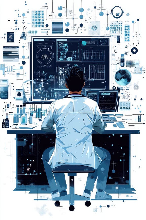 Doctor Analyzing Data on Multiple Monitors in a High-tech Digital ...