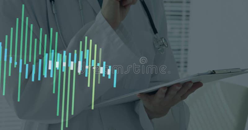 Doctor Analyzing Data on Tablet with Sound Wave Animation Overlay Stock ...