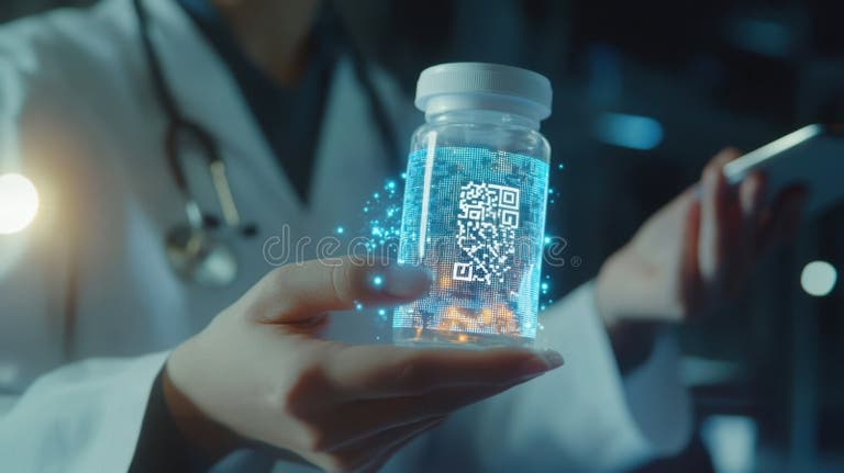 Doctor Analyzing Digital Data on Medicine Bottle Stock Image - Image of ...