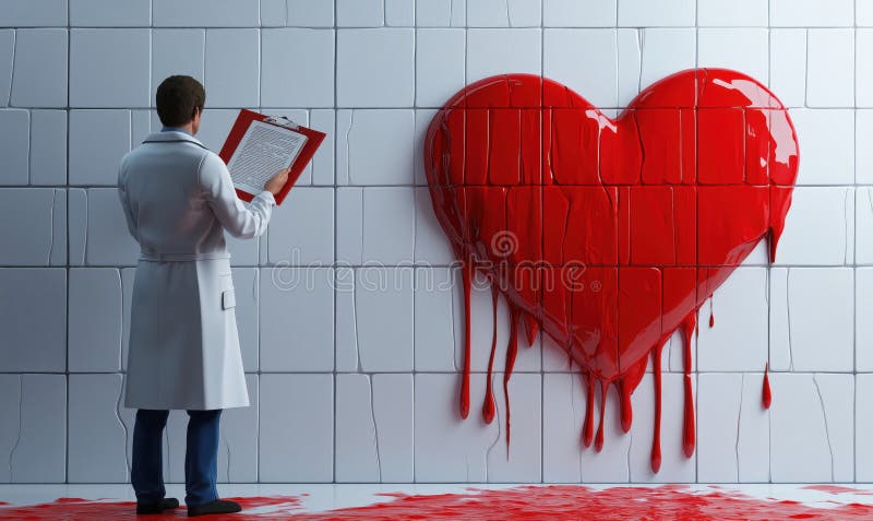 Doctor Analyzing Heart Symbol Painted on Wall with Blood-like Drips ...