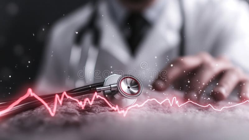 Doctor Analyzing Heartbeat Graph with Stethoscope in a Medical Setting ...