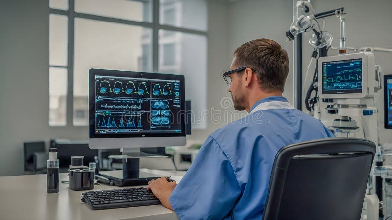 Doctor Analyzing Medical Scans on Computer Stock Illustration ...