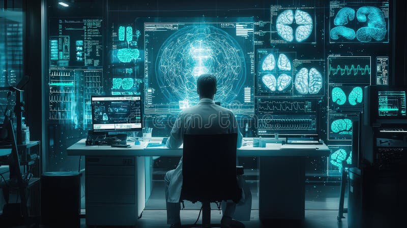 Doctor Analyzing Patient Data with Ai Tools in a High-tech Lab Setting Futuristic Environment ...